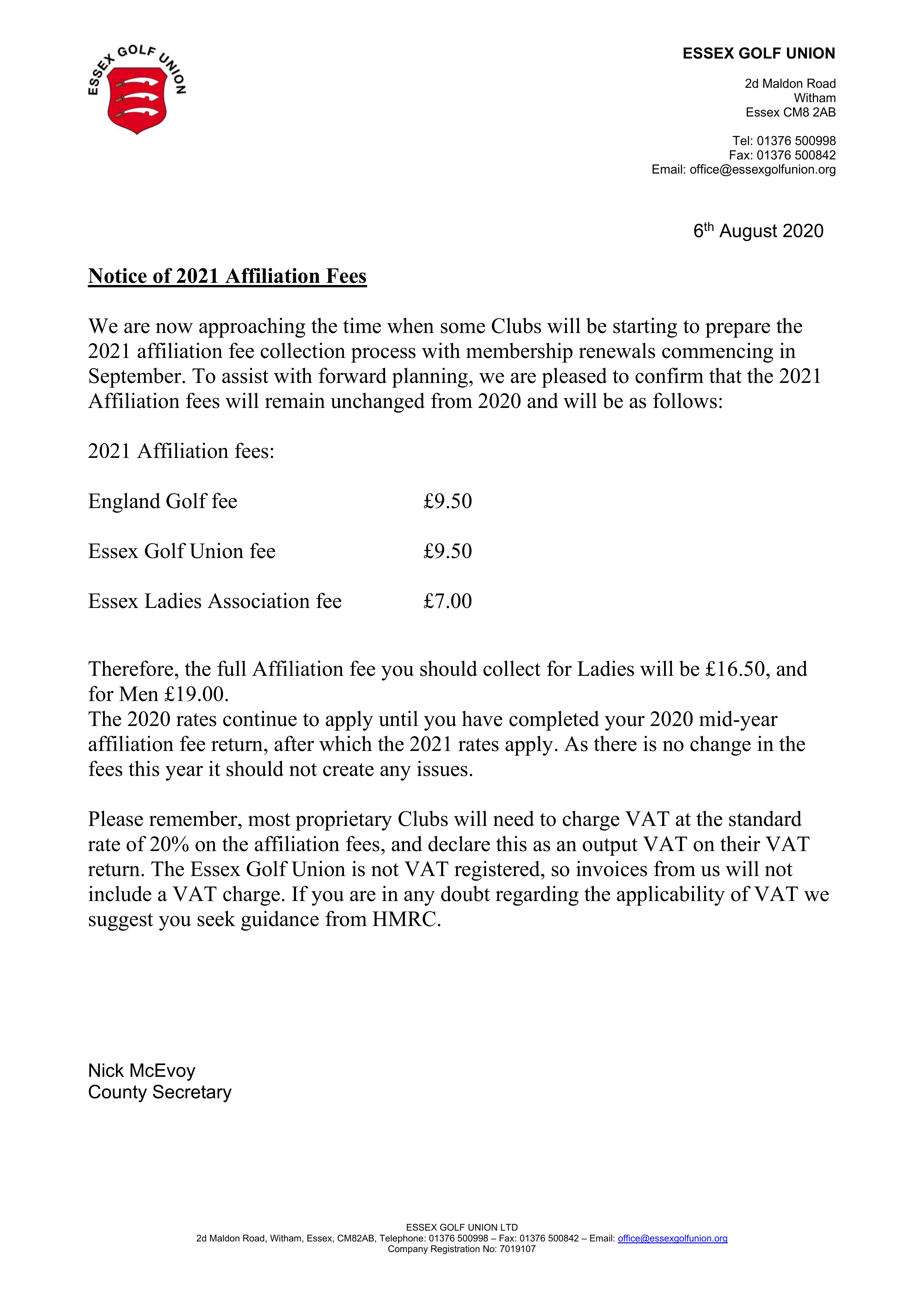 2021 Affiliation Fees