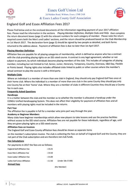 Essex Golf Union Affiliation Fees - WHO PAYS?